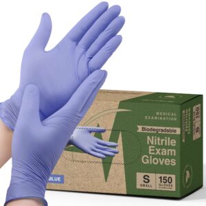 biodegradable disposable medical gloves small - 150 count - violet blue nitrile gloves - medical exam powder and latex free gloves - surgical and dental grade with textured fingertips