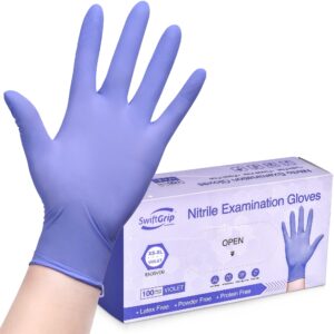 swiftgrip disposable nitrile exam gloves, 3mil, medium, box of 100, violet nitrile gloves disposable latex free for medical, cleaning, cooking & esthetician, food-safe, powder-free, purple