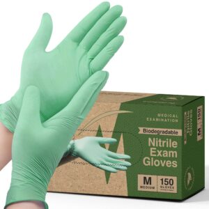 fifthpulse biodegradable disposable nitrile gloves medium - 150 count - green food safe cooking gloves - powder and latex free gloves with textured fingertips - home cleaning rubber gloves