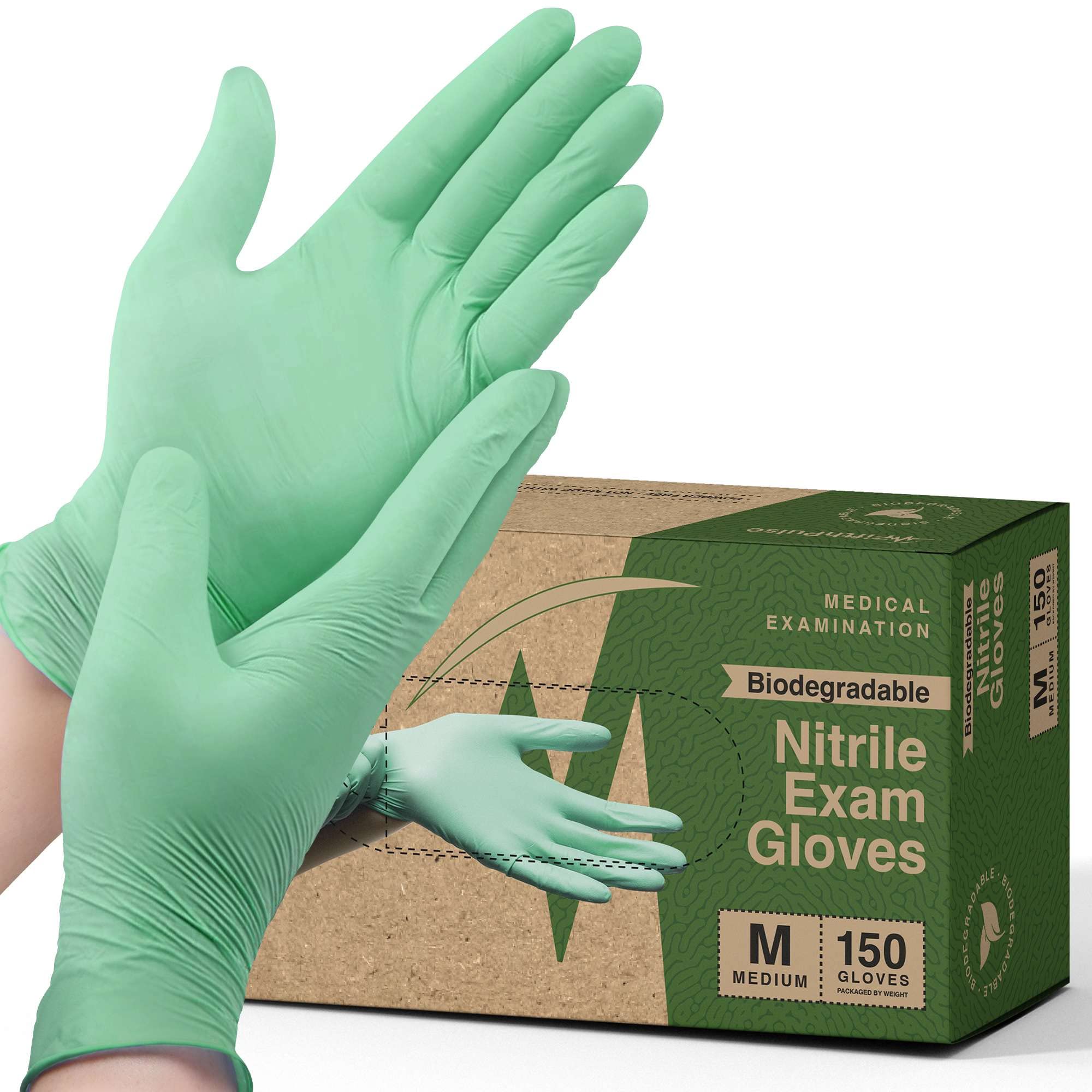 FifthPulse Biodegradable Disposable Nitrile Gloves Medium - 150 Count - Green Food Safe Cooking Gloves - Powder and Latex Free Gloves with Textured Fingertips - Home Cleaning Rubber Gloves