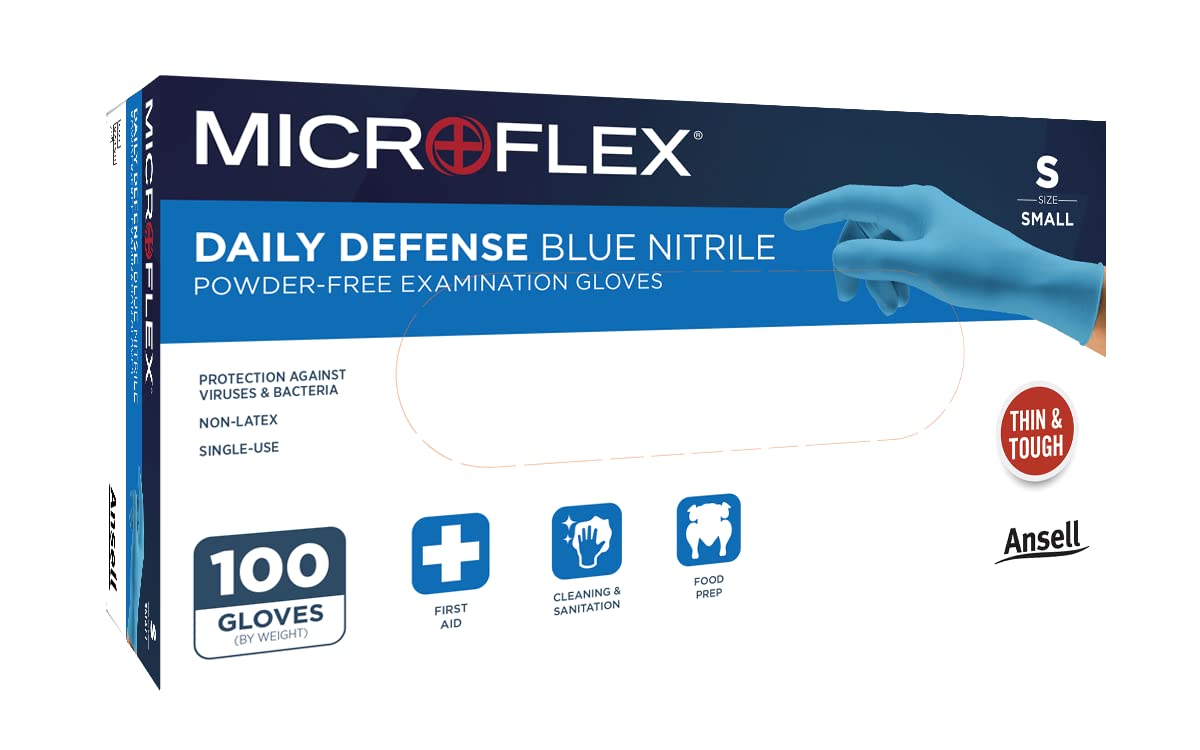 MICROFLEX 10-733 Daily Defense Disposable Rubber Gloves for Cleaning, Food Prep, First Aid - Medium, Blue (Box of 100)