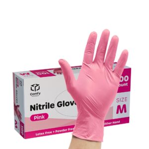 comfy package [100 count pink nitrile disposable gloves - latex free and rubber free, non-sterile powder free gloves - medium