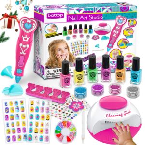 battop kids nail polish set for girls, nail art kits with nail dryer & glitter pen, quick dry & peel off & non-toxic nail polish birthday gifts for girls ages 6 7 8 9 10 11 12