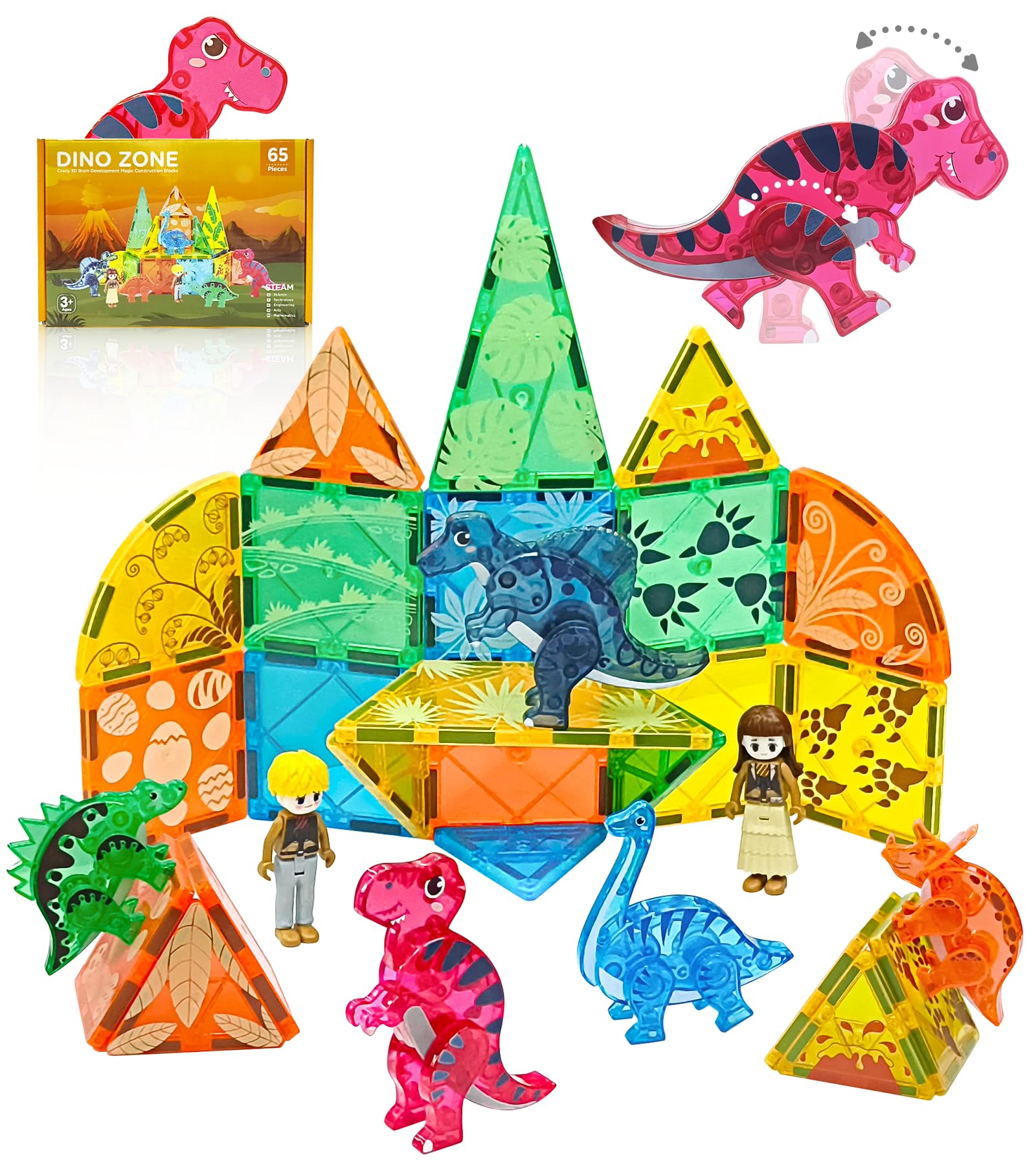 Asago Magnetic Tiles Dinosaurs Magnet Building Blocks Toys for Kids ages 3-5 4-8 8-12 Creative Animals Educational Stack Tile Construction for Boys Girls Toddlers 5-7 Year Old to STEM Learning