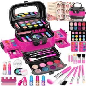 hollyhi 58 pcs kids makeup kit for girl, princess toys real washable cosmetic set with mirror, kids makeup sets for girls, play make up birthday gifts for 3 4 5 6 7 8 9 10 11 12 years old kid (rose)