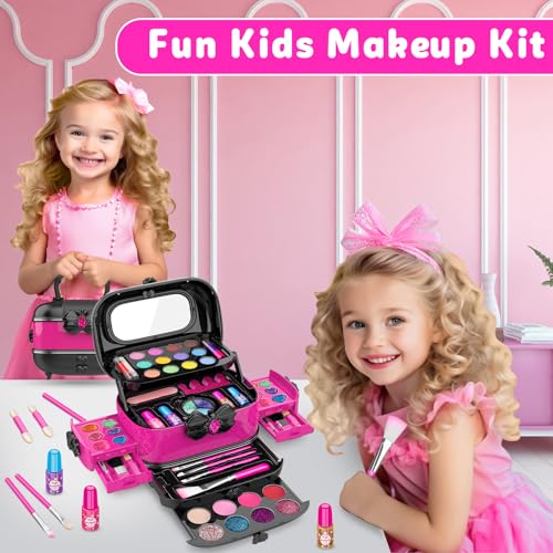 Hollyhi 58 Pcs Kids Makeup Kit for Girl, Princess Toys Real Washable Cosmetic Set with Mirror, Kids Makeup Sets for Girls, Play Make Up Birthday Gifts for 3 4 5 6 7 8 9 10 11 12 Years Old Kid (Rose)