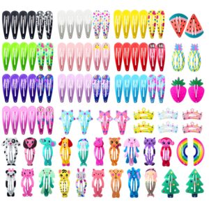 funtopia hair clips for girls,100 pcs no slip metal snap, barrettes for kids teens women, cute candy color cartoon design hair pins (animals fruits crowns stars)