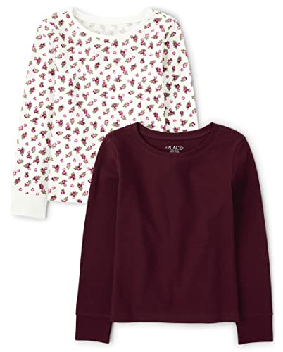 The Children's Place Girls' Long Sleeve Fashion Thermal Top, Floral/Maroon 2 Pack, Medium