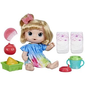 baby alive fruity sips doll, apple, toys for 3 year old girls, 12-inch baby doll set, drinks & wets, pretend juicer, kids 3 and up, blonde hair