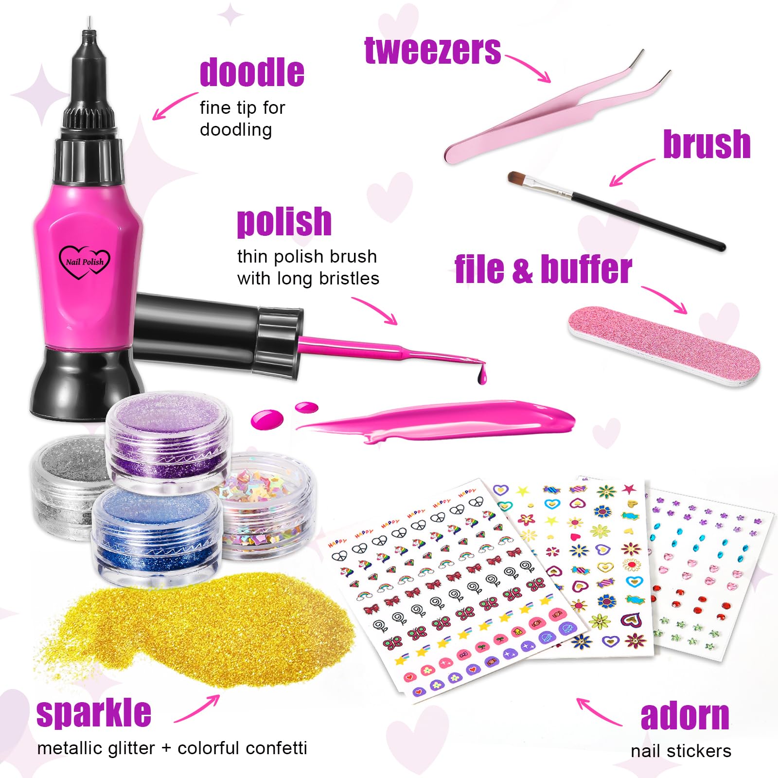 Nail Art Kit for Girls Ages 7 8 9 10 11 12, Nail Art Studio for Girls, Nail Art Kit Toys with Nail Art Pens, Glitter, Nail Stickers, Birthday Christmas Day Gifts for Kids Age 8-12