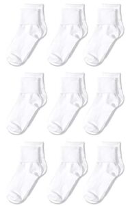 amazon essentials toddler girls' cotton uniform turn cuff sock, 9 pairs, white, 4-5t