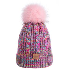 kids winter beanie hat, children's warm fleece lined knit thick ski cap with pom pom for boys girls (mix rainbow)