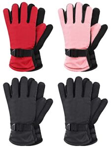 4 pairs winter waterproof snow ski gloves for kids warm unisex camouflage gloves for cold weather girls boys children (red, pink, black, black,for 6 - 12 years old)