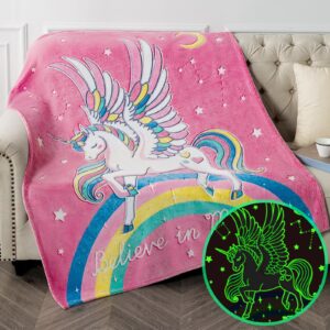 unicorn blanket gifts for girls kids - glow in the dark toys stars best christmas birthday valentine's day easter present for toddler age 1 2 3 4 5 6 7 8 9 10 year old child rainbow throw 50"x60"