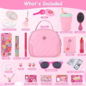 Little Girls Play Purse and Pretend Makeup Kit- 49PCS My First Purse Set Includes Handbag Phone Wallet Play Makeup Princess Jewelry Water Bottle, Pretend Play Gift Toys for Girls Toddlers Age 3+