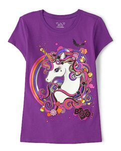 the children's place girls' all holidays short sleeve graphic t-shirts, purple halloween unicorn, medium