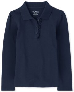 the children's place girl's long sleeve ruffle pique polo, tidal, small