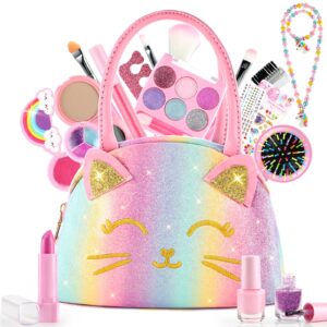 kids makeup kit for girl, kids washable makeup girls toys, girls makeup kit for kids with cute cat bag, real make up set for kid little girls toddlers princess christmas birthday gifts age 3-6-8-10-12