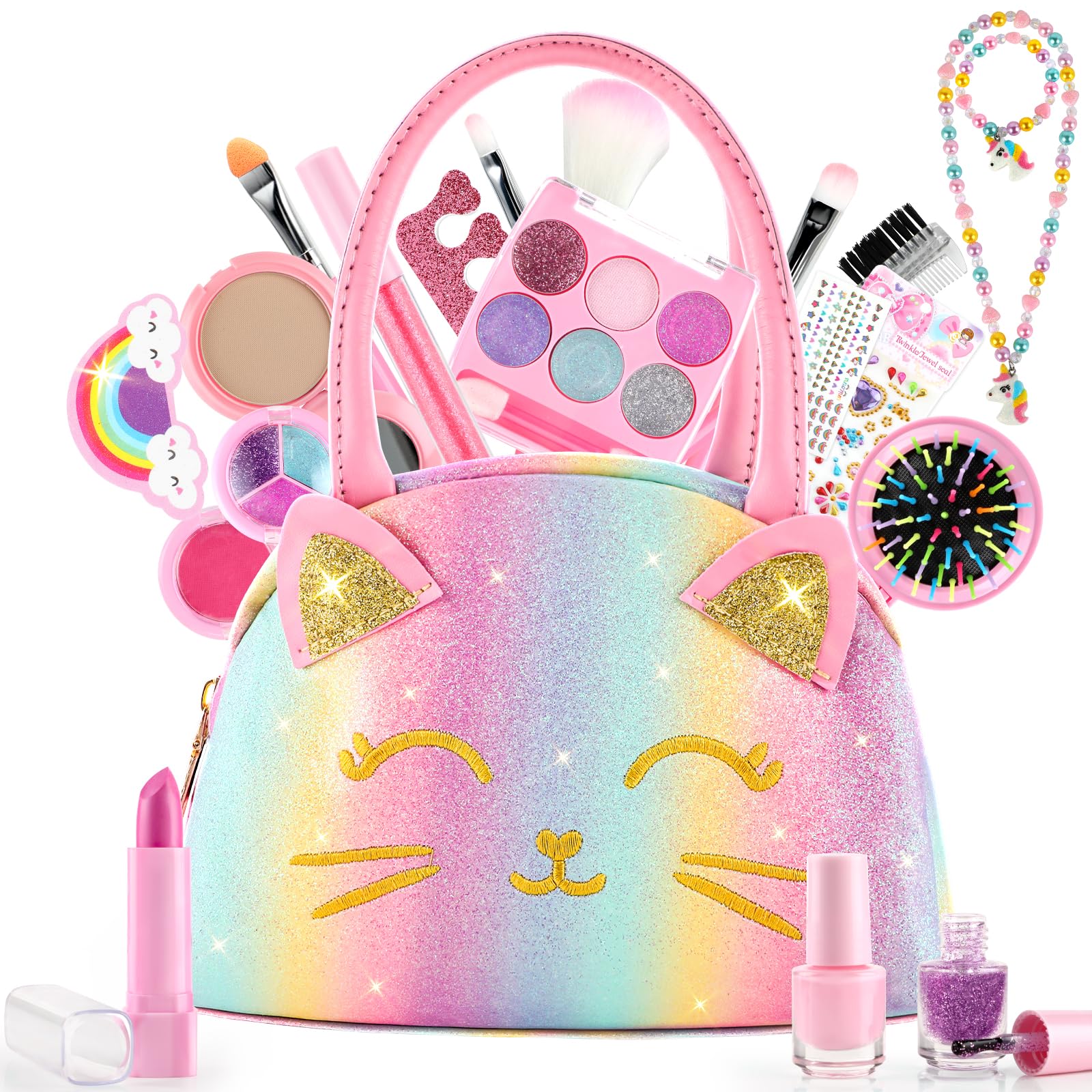 Kids Makeup Kit for Girl, Kids Washable Makeup Girls Toys, Girls Makeup Kit for Kids with Cute Cat Bag, Real Make up Set for Kid Little Girls Toddlers Princess Christmas Birthday Gifts Age 3-6-8-10-12