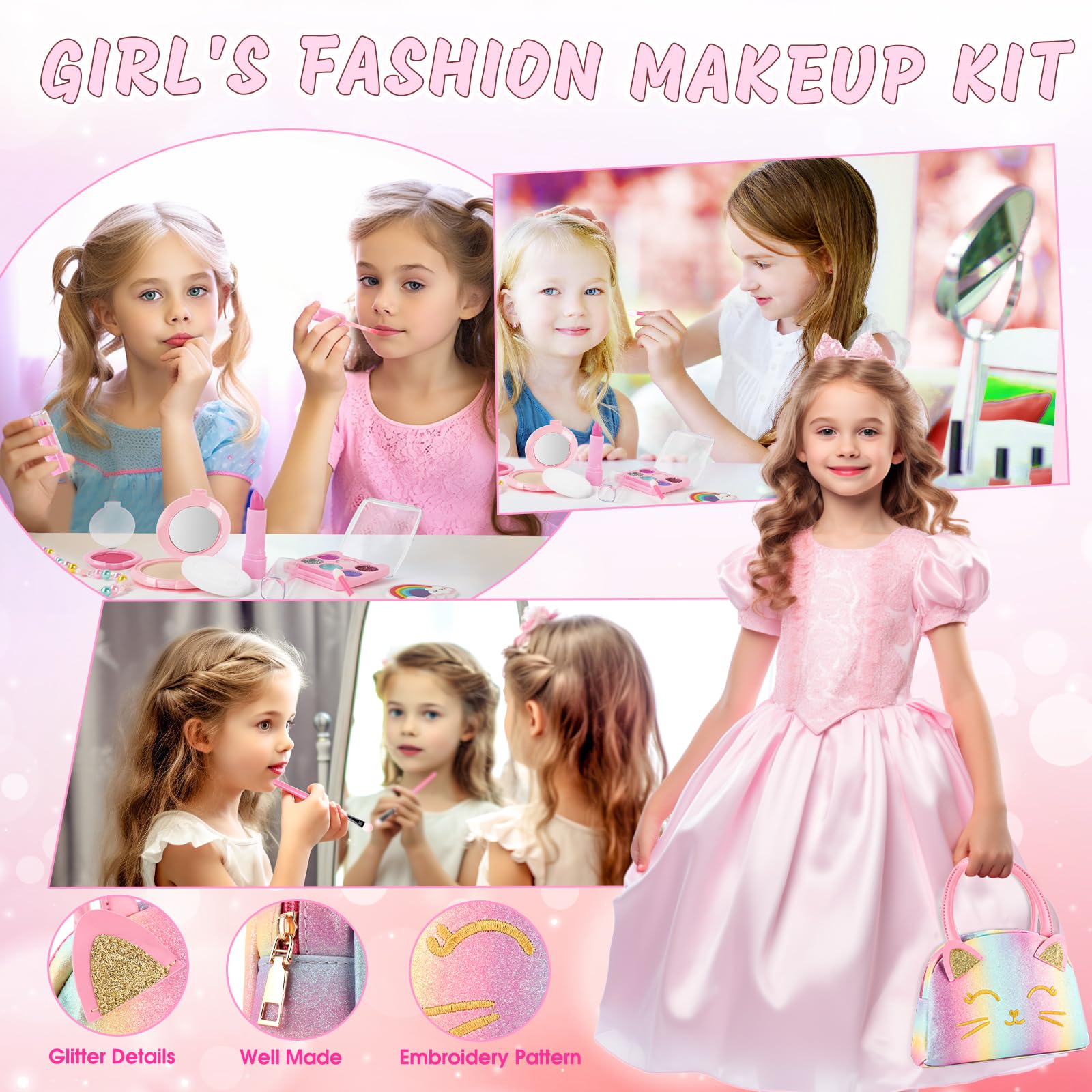 Kids Makeup Kit for Girl, Kids Washable Makeup Girls Toys, Girls Makeup Kit for Kids with Cute Cat Bag, Real Make up Set for Kid Little Girls Toddlers Princess Christmas Birthday Gifts Age 3-6-8-10-12