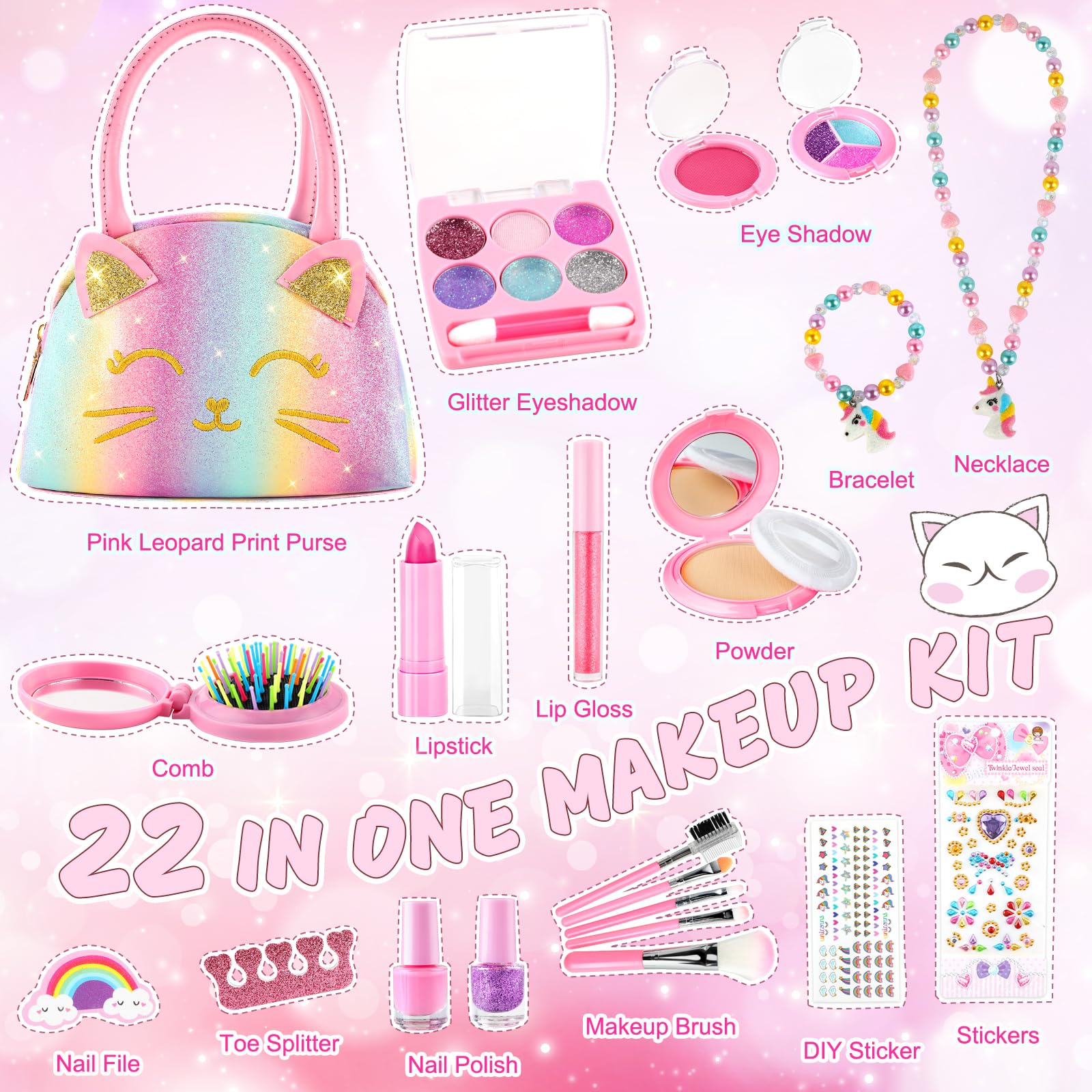 Kids Makeup Kit for Girl, Kids Washable Makeup Girls Toys, Girls Makeup Kit for Kids with Cute Cat Bag, Real Make up Set for Kid Little Girls Toddlers Princess Christmas Birthday Gifts Age 3-6-8-10-12