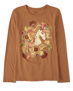 the children's place girls' all holidays long sleeve graphic t-shirts, harvest unicorn, xx-large