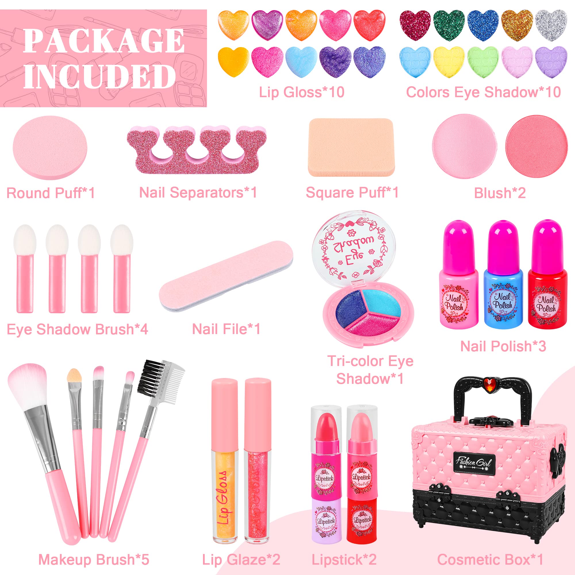 Kids Makeup Kit for Little Girls,44 Pcs Washable Makeup Kit,Kids Real Girls Makeup Kit with Cosmetic Case,Pretend Play Makeup Set Toys Birthday Gifts for 3 4 5 6 7 8-12 Years Old Toddler Girls,Kids