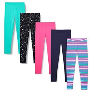 Amazon Essentials Girls' Leggings, Pack of 5, Aqua Green/Black Stars/Navy/Pink/Stripe, Medium