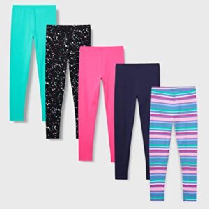 Amazon Essentials Girls' Leggings, Pack of 5, Aqua Green/Black Stars/Navy/Pink/Stripe, Medium