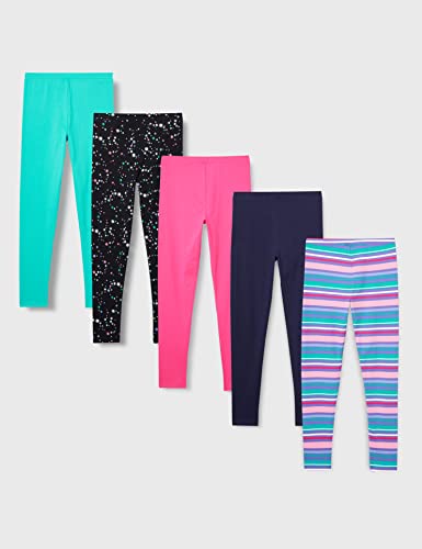 Amazon Essentials Girls' Leggings, Pack of 5, Aqua Green/Black Stars/Navy/Pink/Stripe, Medium