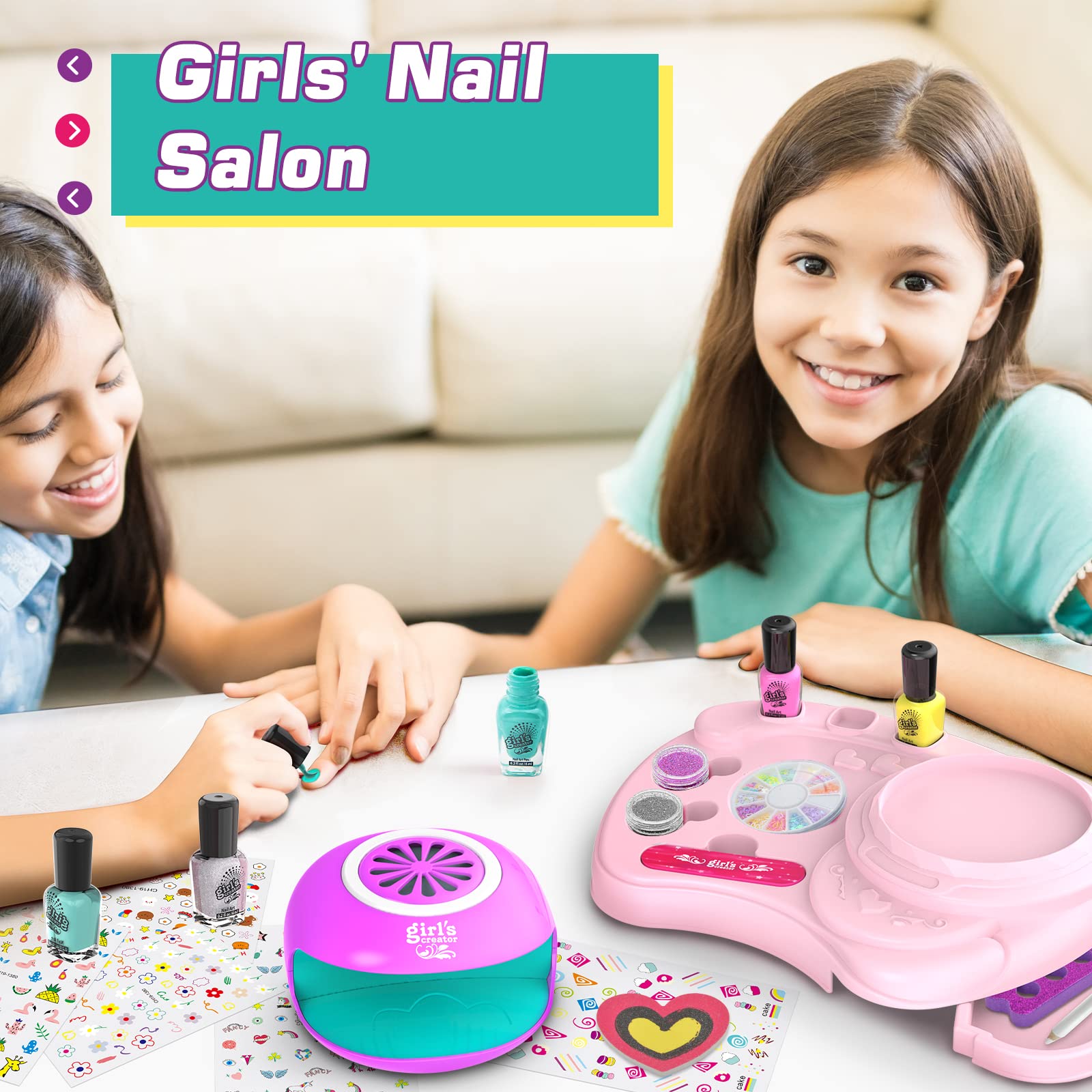 Amagoing Nail Polish Kit for Girl Ages 6-12, Kids Nail Art Salon Set with Nail Dryer, Peelable Glitter Nail Polish, Storage Desk, Makeup Manicures Decoration Studio Gifts for Birthday Spa Party Favors