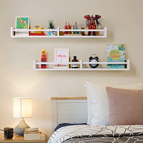 Austin yan White Nursery Bookshelves Wall Mounted, 32inch,Wood Floating Wall Bookshelf for Kids,Hanging Shelf for Baby Nursery Room Decor,Set of 2,Pine