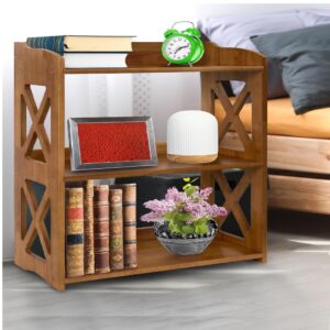 YCICI Bookcase by Natural Wood, 3 Tier Bookshelf, Small Book Shelves Freestanding Display Storage Shelves. Open Bookshelf for Bedroom, Living Room and Office (Brown, 3 Tier)