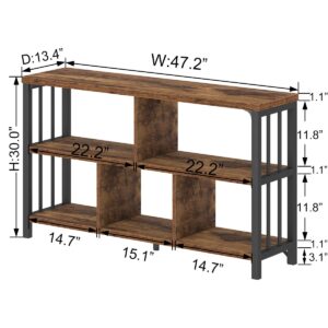 IBF Farmhouse 3 Tier Open Book Shelf, Wood and Metal 5 Cube Storage Organizer, Modern Low Horizontal Bookshelf for Bedroom Living, Long Wide Office Cubby Bookcase with Storage, Rustic Brown, 47 Inch