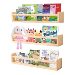 azsky nursery book shelves 24 inch rustic natural wood floating shelves,wall book shelves for farmhouse,bathroom décor,kitchen spice rack or book shelf organizer for home décor,a set of 3 same sizes