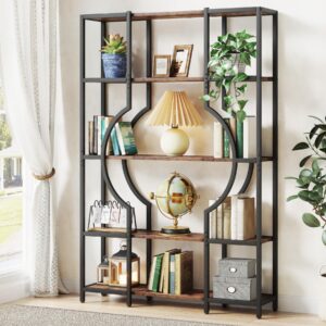 tribesigns 5-tier bookshelf and bookcase, vintage tall bookcase with 12 open display shelves, wooden book shelving unit with metal frame for home office, living room, bedroom