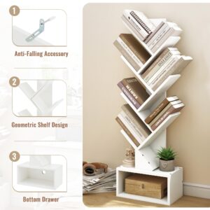 Hoctieon 6 Tier Tree Bookshelf, Tall Bookcase with Drawer, Freestanding Book shelf, Display Floor Standing Storage Shelf, Book Organizer Shelves for Home Office, Living Room, Bedroom, White