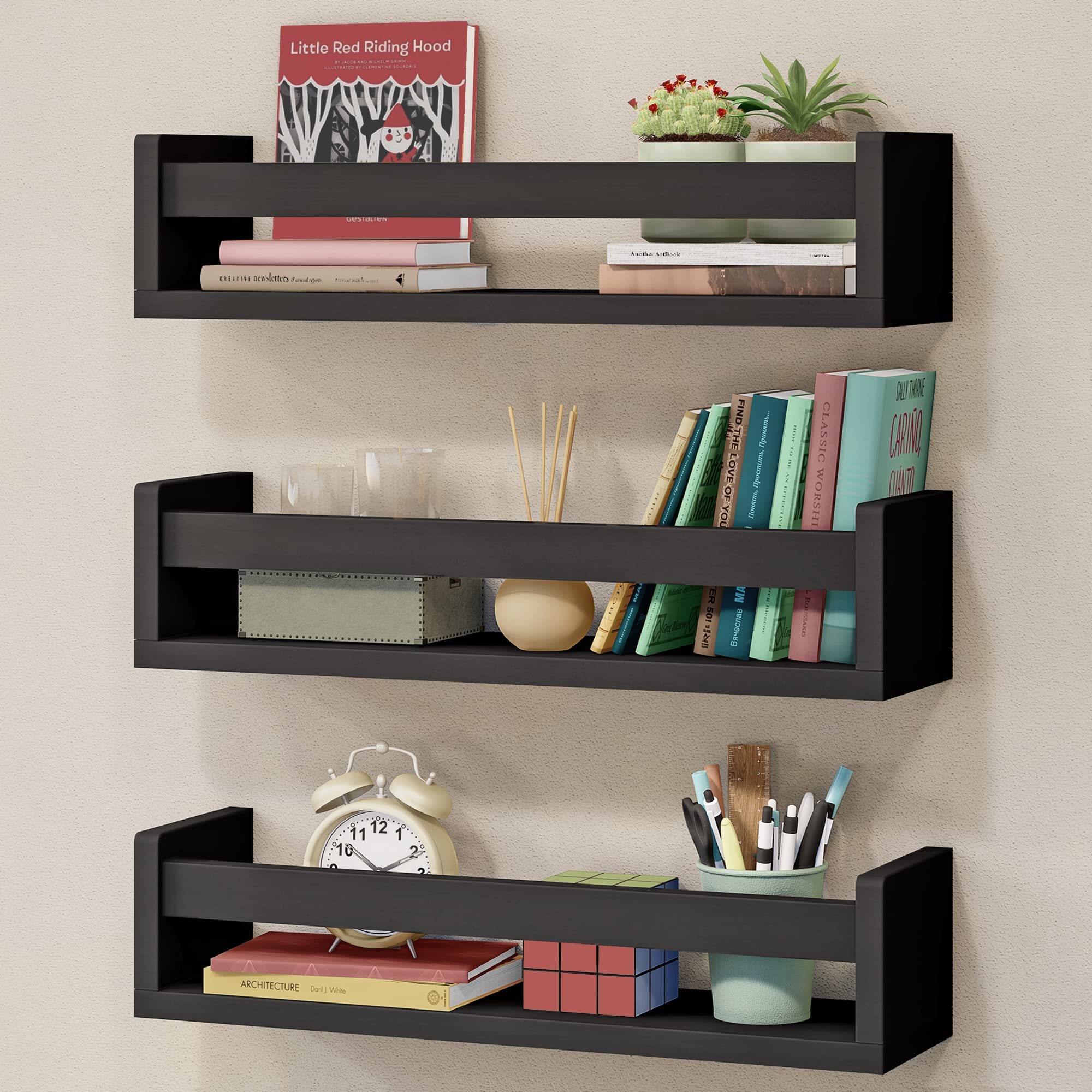 NATURE SUPPLIES Nursery Book Shelves, Set of 3 Floating Bookshelves for Wall for Nursery Decor & Playroom Decor, Book Shelf Wall, Wall Bookshelf Kids, Baby Book Shelf Organizer for Kids (Black)