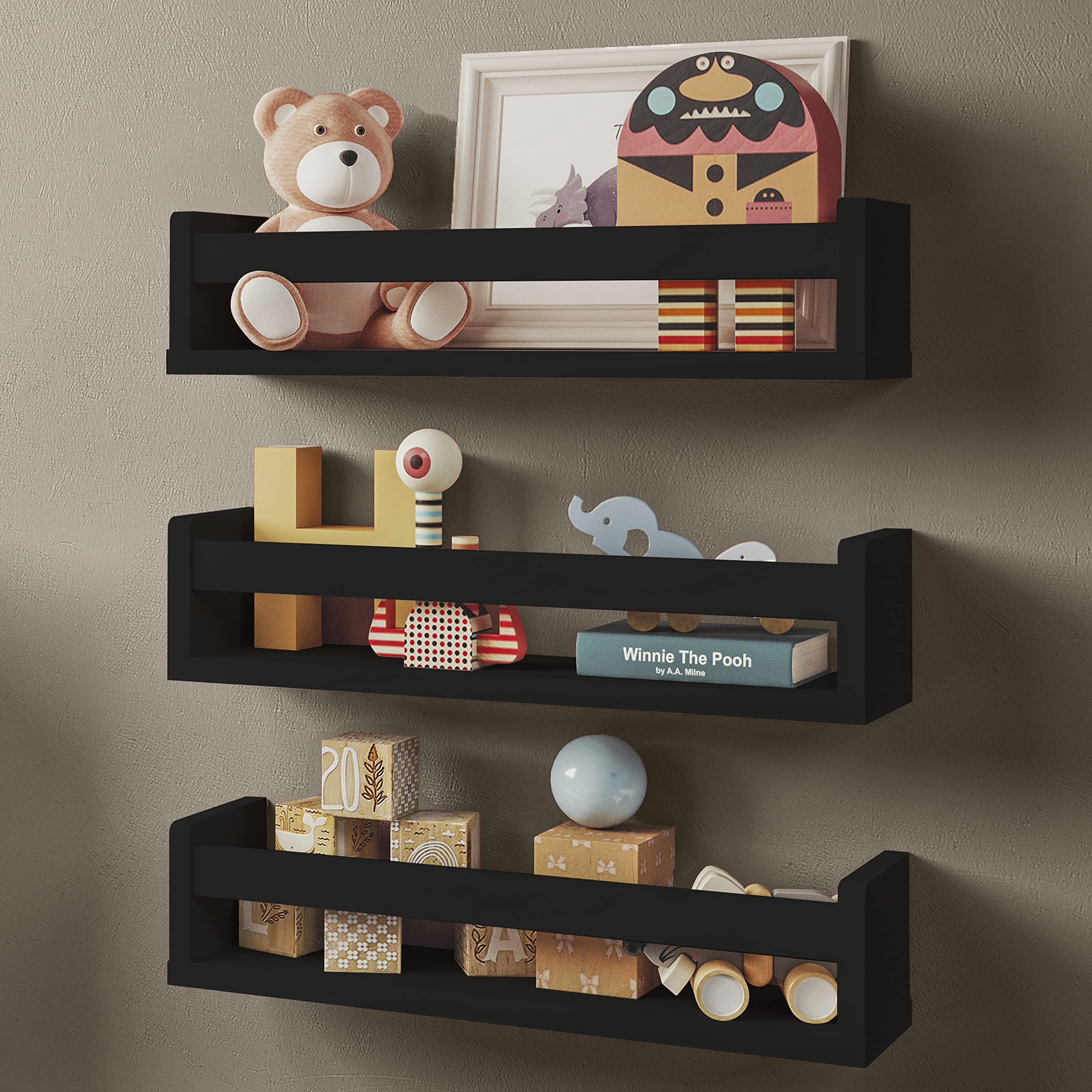 NATURE SUPPLIES Nursery Book Shelves, Set of 3 Floating Bookshelves for Wall for Nursery Decor & Playroom Decor, Book Shelf Wall, Wall Bookshelf Kids, Baby Book Shelf Organizer for Kids (Black)