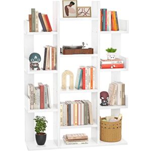 aheaplus bookshelf, tree-shaped bookcase storage shelf with 13 compartments, books organizer display cube shelves, industrial free floor standing wood open bookshelves for home, white