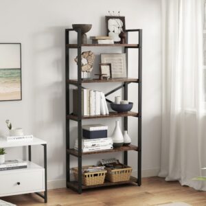 acovy 5 tier bookshelf rustic industrial style, storage shelves, metal book shelves bookcase book shelf display shelf for home office, living room, bedroom, kitchen (23.6" w, brown)