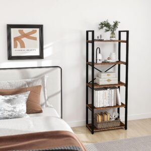 Acovy 5 Tier Bookshelf Rustic Industrial Style, Storage Shelves, Metal Book Shelves Bookcase Book Shelf Display Shelf for Home Office, Living Room, Bedroom, Kitchen (23.6" W, Brown)