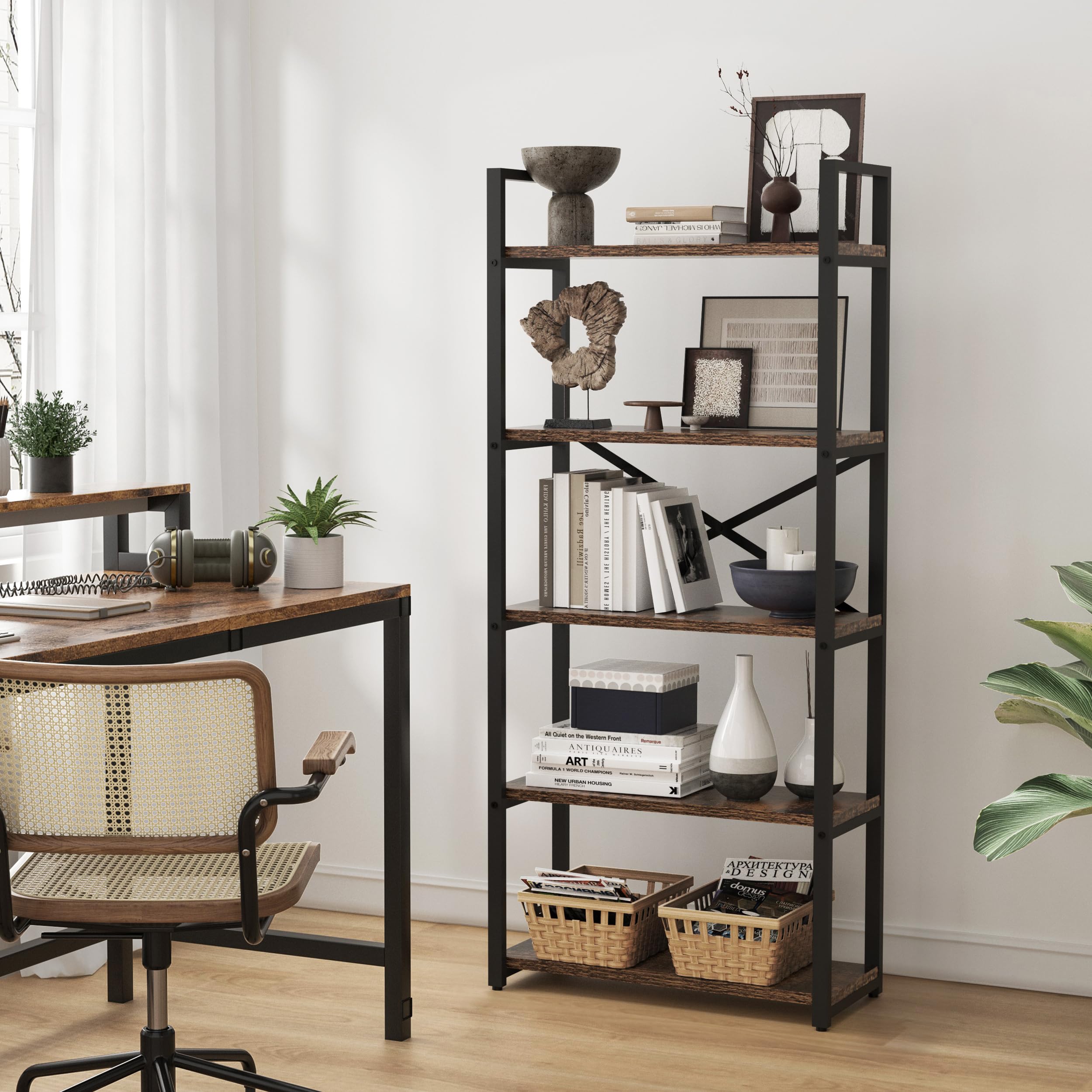 Acovy 5 Tier Bookshelf Rustic Industrial Style, Storage Shelves, Metal Book Shelves Bookcase Book Shelf Display Shelf for Home Office, Living Room, Bedroom, Kitchen (23.6" W, Brown)