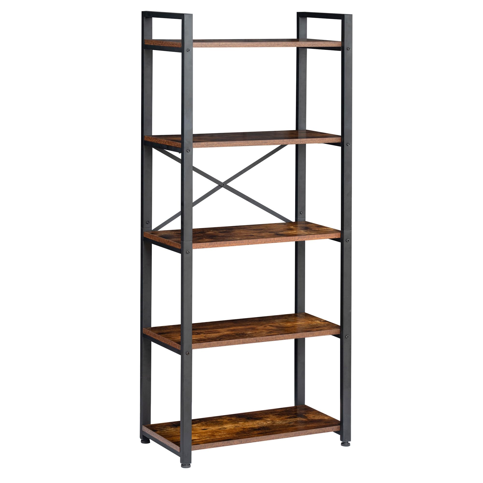 Acovy 5 Tier Bookshelf Rustic Industrial Style, Storage Shelves, Metal Book Shelves Bookcase Book Shelf Display Shelf for Home Office, Living Room, Bedroom, Kitchen (23.6" W, Brown)