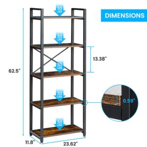 Acovy 5 Tier Bookshelf Rustic Industrial Style, Storage Shelves, Metal Book Shelves Bookcase Book Shelf Display Shelf for Home Office, Living Room, Bedroom, Kitchen (23.6" W, Brown)