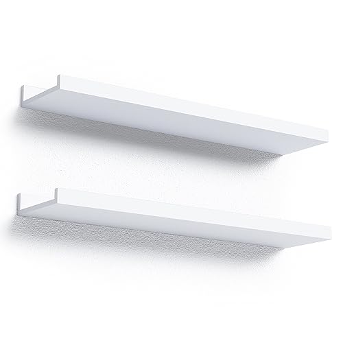 Boswillon 24 Inches Long Floating Shelves Wall Mounted, 2 Set Modern White Wall Shelf for Bedroom, Nursery Book Shelf with Lip, Picture Ledge Shelf for Wall Decor Living Room Bathroom Kitchen - White