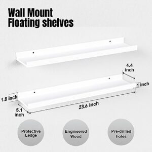 Boswillon 24 Inches Long Floating Shelves Wall Mounted, 2 Set Modern White Wall Shelf for Bedroom, Nursery Book Shelf with Lip, Picture Ledge Shelf for Wall Decor Living Room Bathroom Kitchen - White