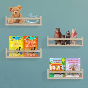 nananardoso nursery room shelves wall mounted, set of 4 natural wood floating book shelves for kids bedroom, baby nursery décor, kid bookshelf organizer for bathroom decor, floating bookshelf, nature