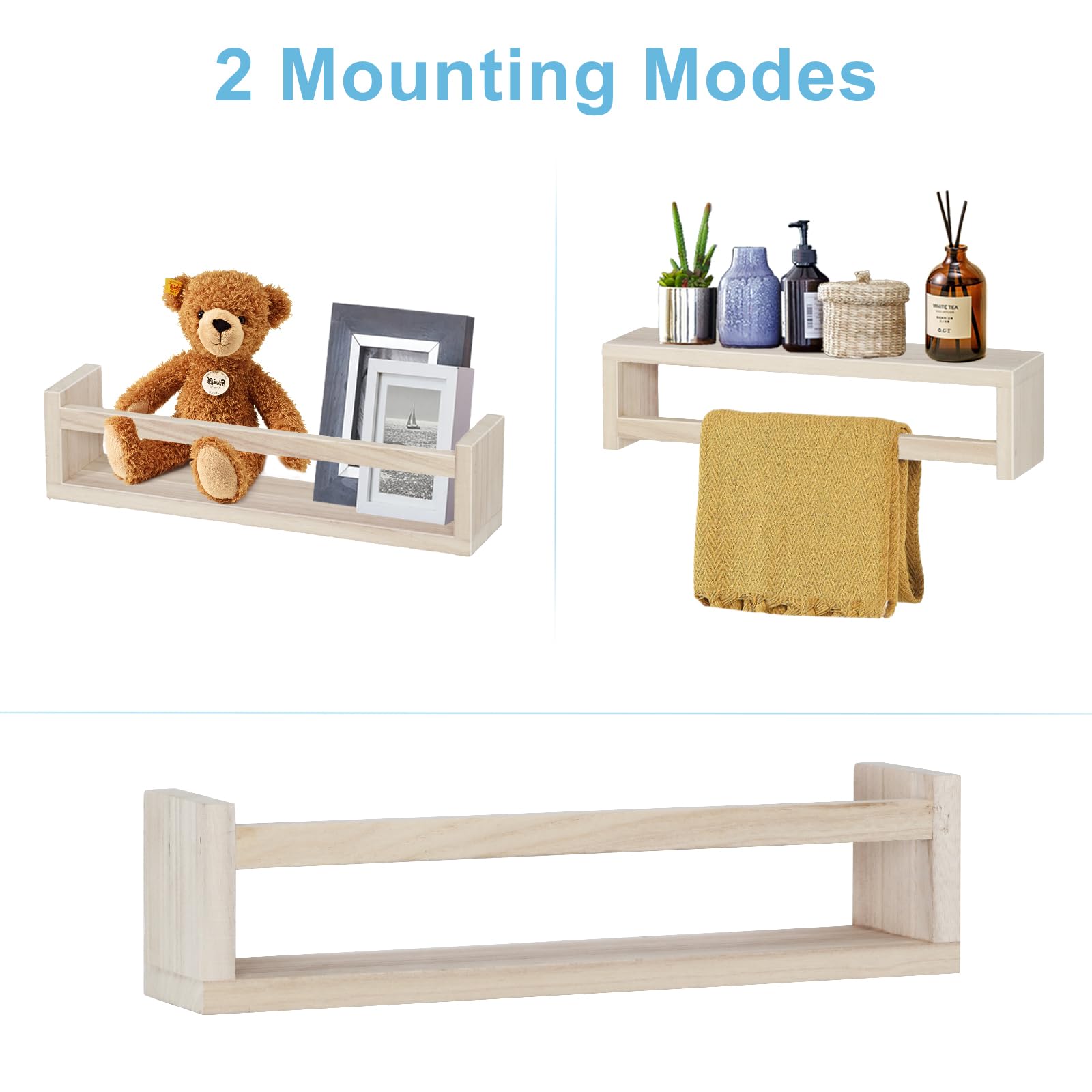 NANANARDOSO Nursery Room Shelves Wall Mounted, Set of 4 Natural Wood Floating Book Shelves for Kids Bedroom, Baby Nursery Décor, Kid Bookshelf Organizer for Bathroom Decor, Floating Bookshelf, Nature