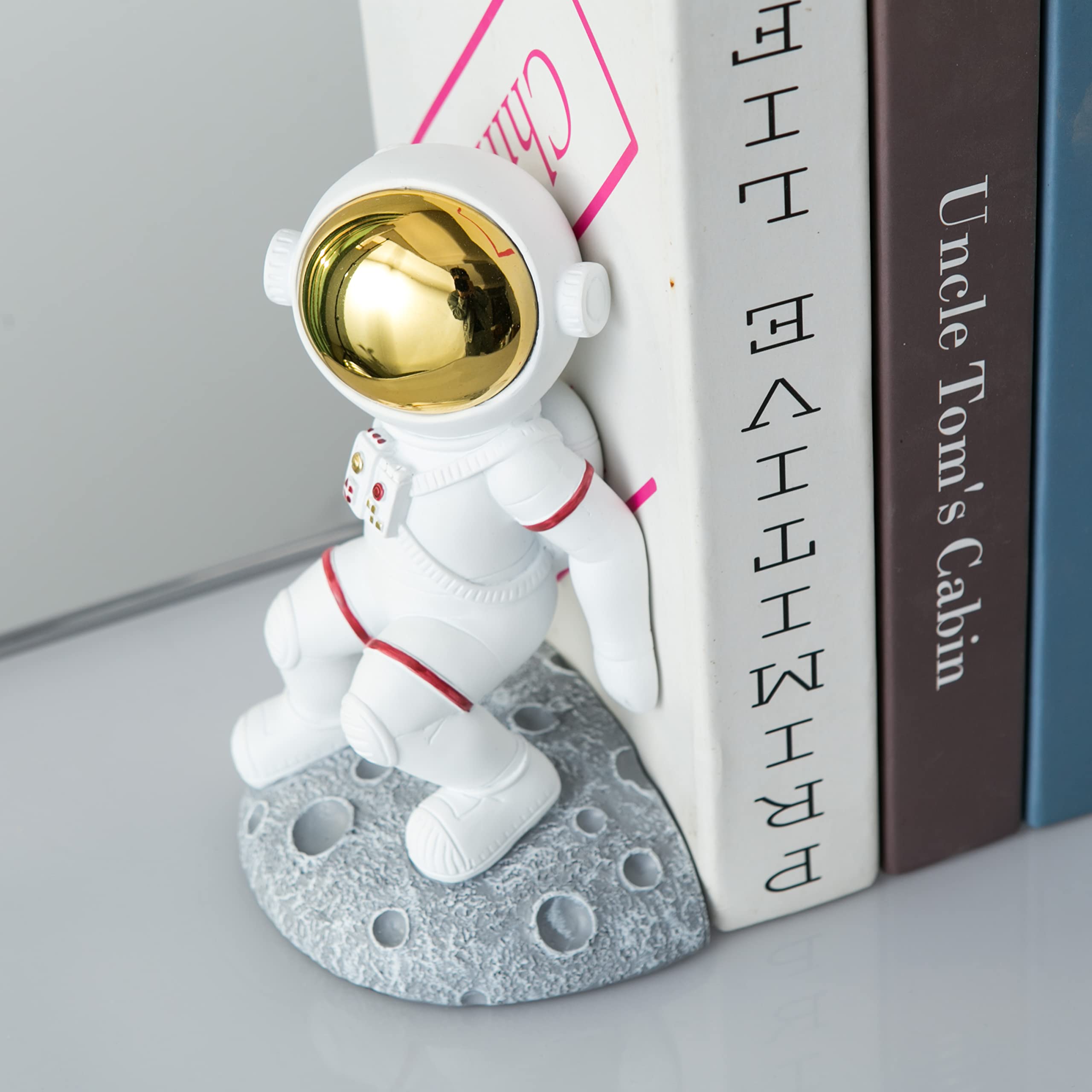 Banllis Space Theme Bookends for Shelves, Astronaut Moon Book Ends for Kids Room, Decorative Planet Book Stoppers to Hold Books Heavy Duty, Unique Boys and Girls Gift (Gray)